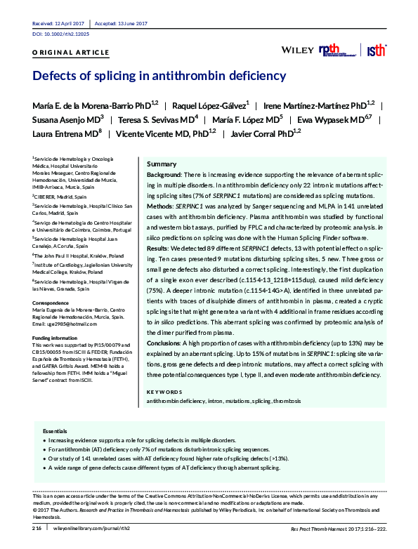(PDF) Defects of splicing in antithrombin deficiency