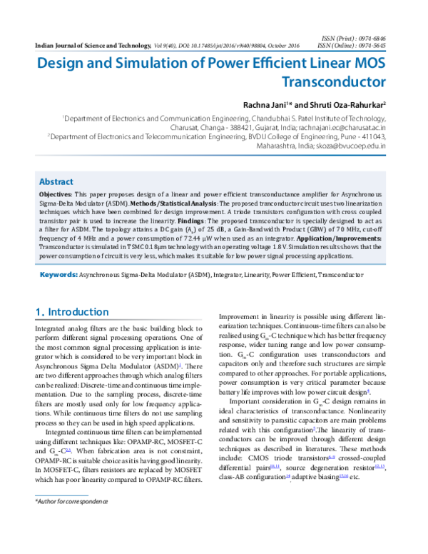 (PDF) Design and Simulation of Power Efficient Linear MOS Transconductor