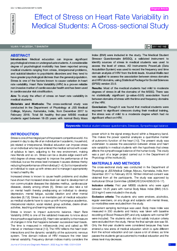 (PDF) Effect of Stress on Heart Rate Variability in Medical Students: A Cross-sectional Study