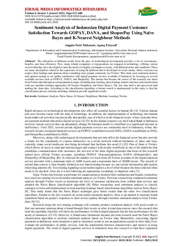 Pdf Sentiment Analysis Of Indonesian Digital Payment Customer Satisfaction Towards Gopay Dana