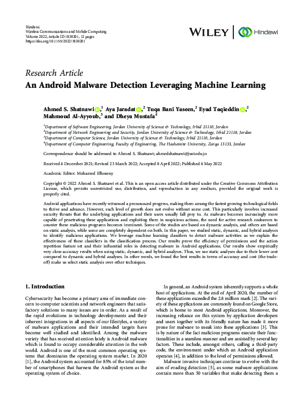 (PDF) An Android Malware Detection Leveraging Machine Learning