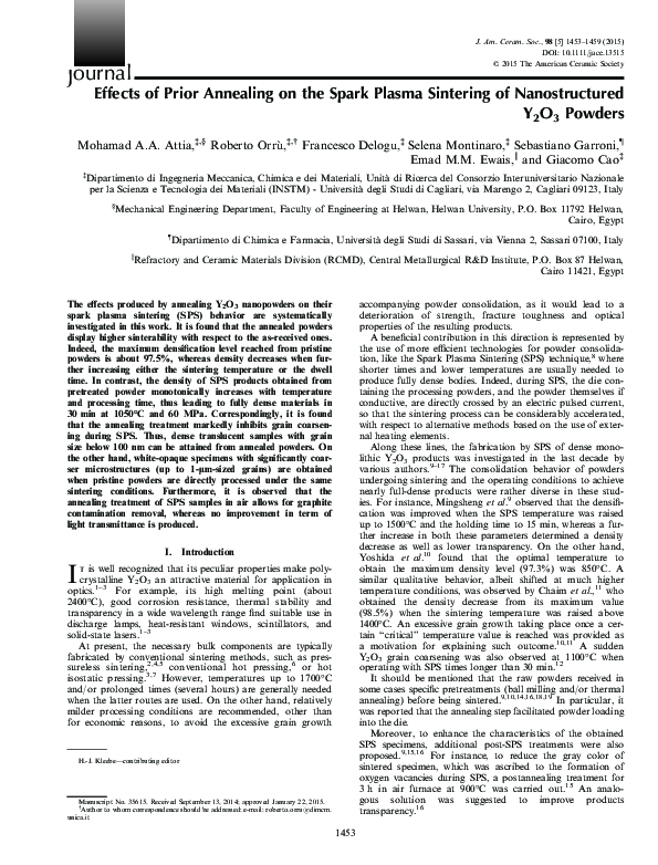 (PDF) Effects of Prior Annealing on the Spark Plasma Sintering of Nanostructured Y 2 O 3 Powders