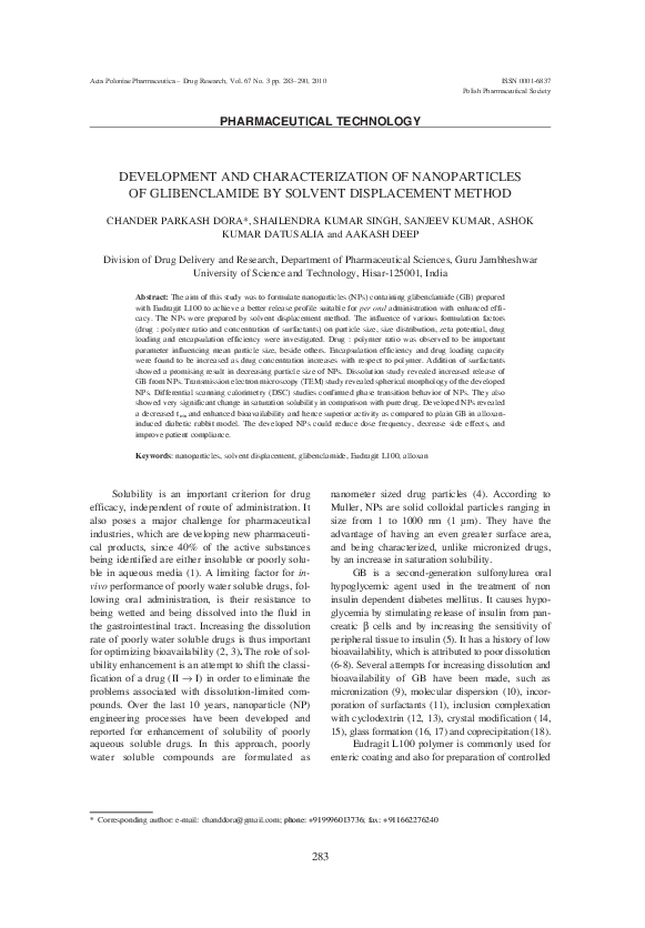 Pdf Development And Characterization Of Nanoparticles Of Glibenclamide By Solvent Displacement