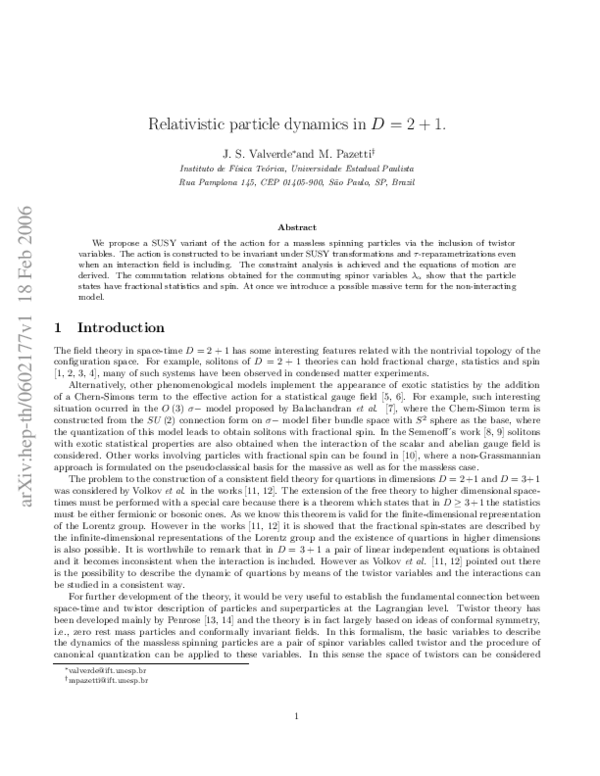 (PDF) Relativistic particle dynamics inD= 2+1