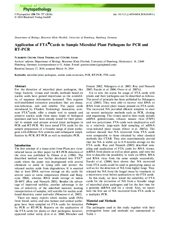 (PDF) Application of FTA®Cards to Sample Microbial Plant Pathogens for ...