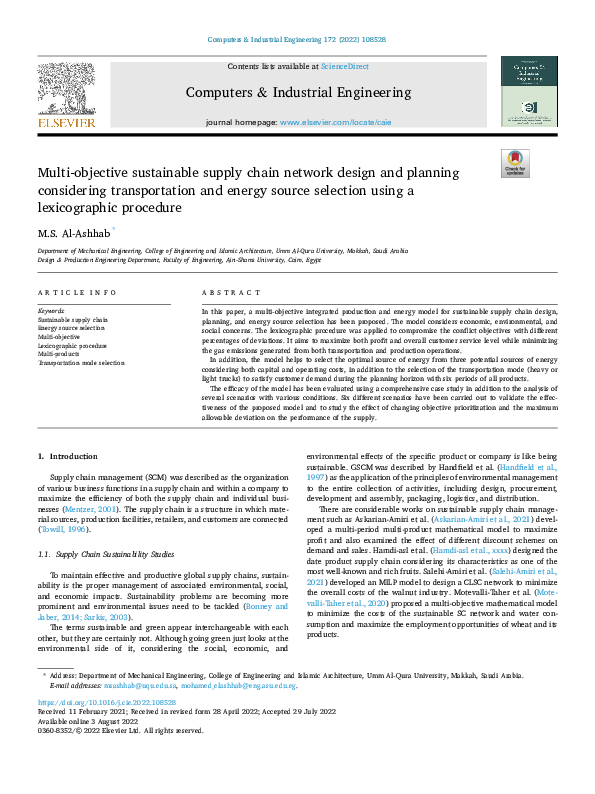 Pdf Multi Objective Sustainable Supply Chain Network Design And Planning Considering