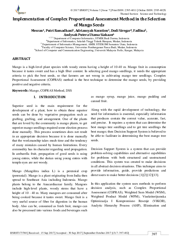 Pdf Implementation Of Complex Proportional Assessment Method In The Selection Of Mango Seeds