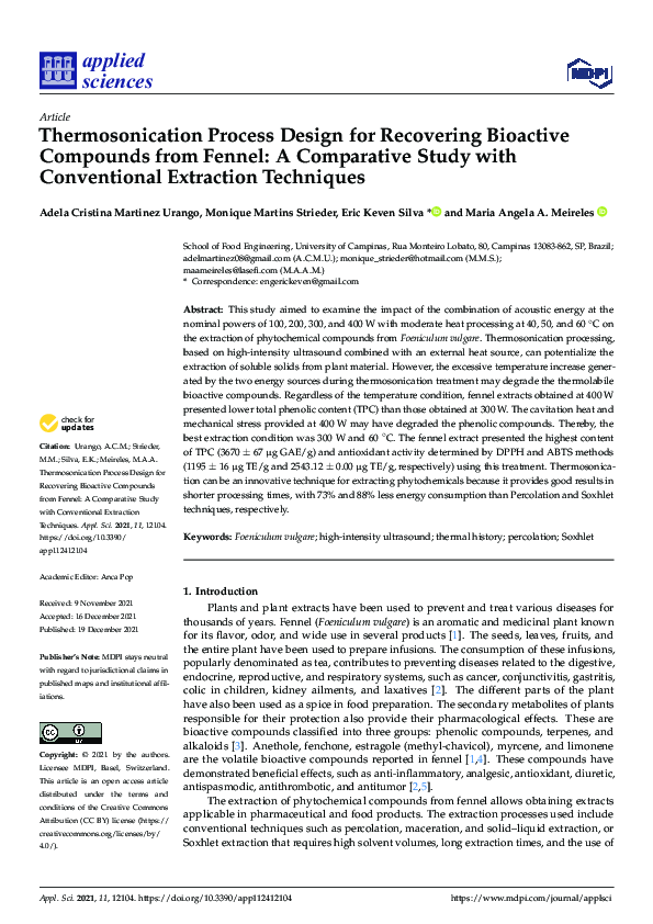 (PDF) Thermosonication Process Design for Recovering Bioactive Compounds from Fennel: A ...