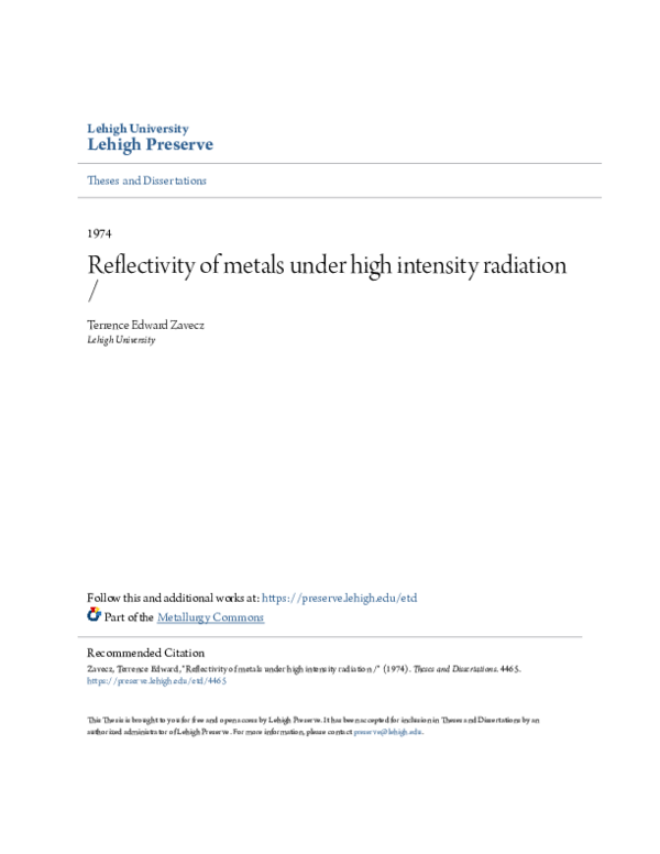 (PDF) Reflectivity of metals under high intensity radiation