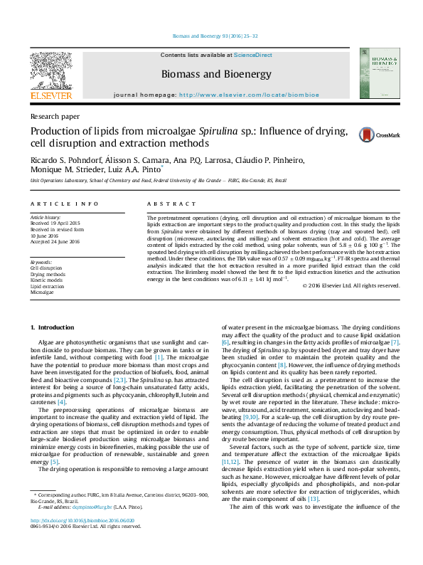 (PDF) Production of lipids from microalgae Spirulina sp.: Influence of drying, cell disruption ...