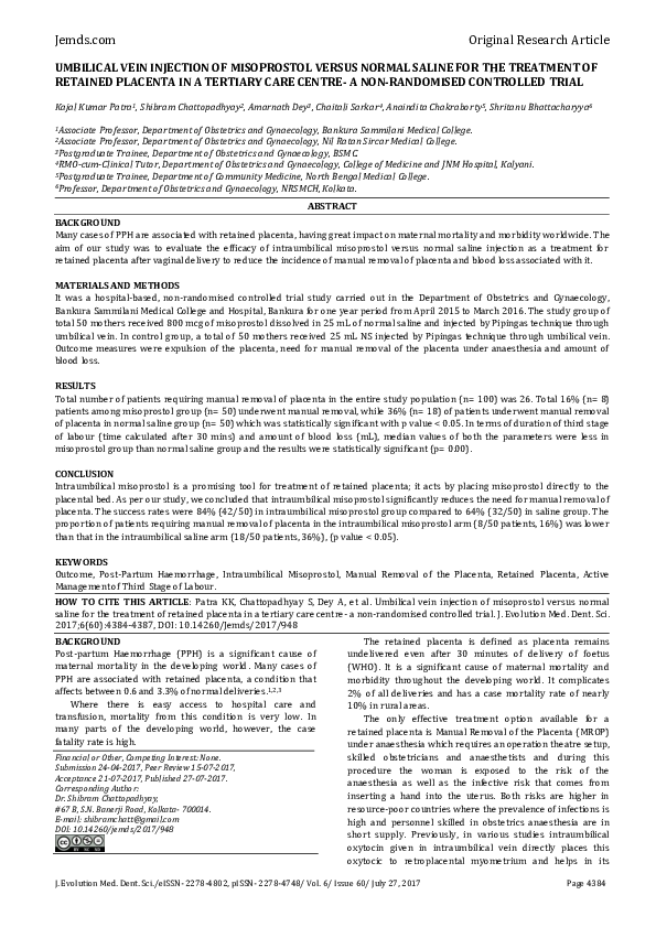 (PDF) Umbilical Vein Injection of Misoprostol Versus Normal Saline for ...