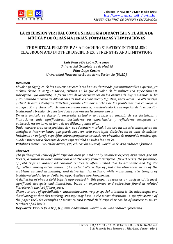 (PDF) LA EXCURSIÓN VIRTUAL COMO ESTRATEGIA DIDÁCTICA EN EL AULA DE MÚSICA Y DE OTRAS MATERIAS ...