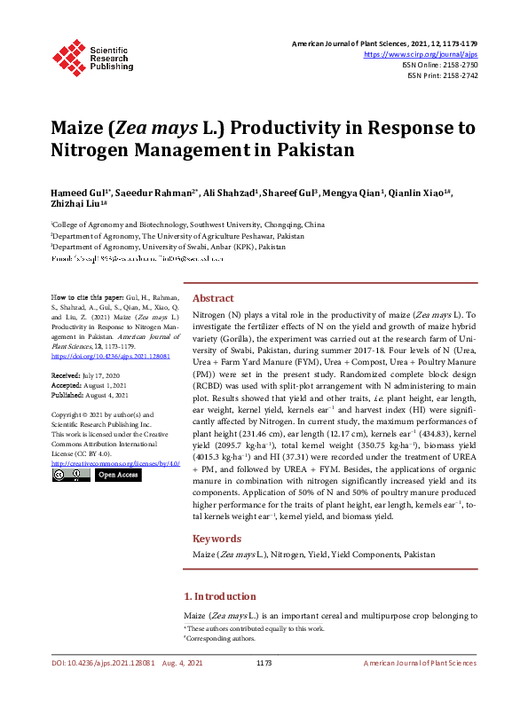 (PDF) Maize ( Zea mays L.) Productivity in Response to Nitrogen Management in Pakistan