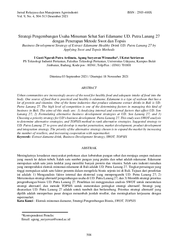 (PDF) Strategi Pengembangan Usaha Minuman Sehat Sari Edamame UD. Putra ...