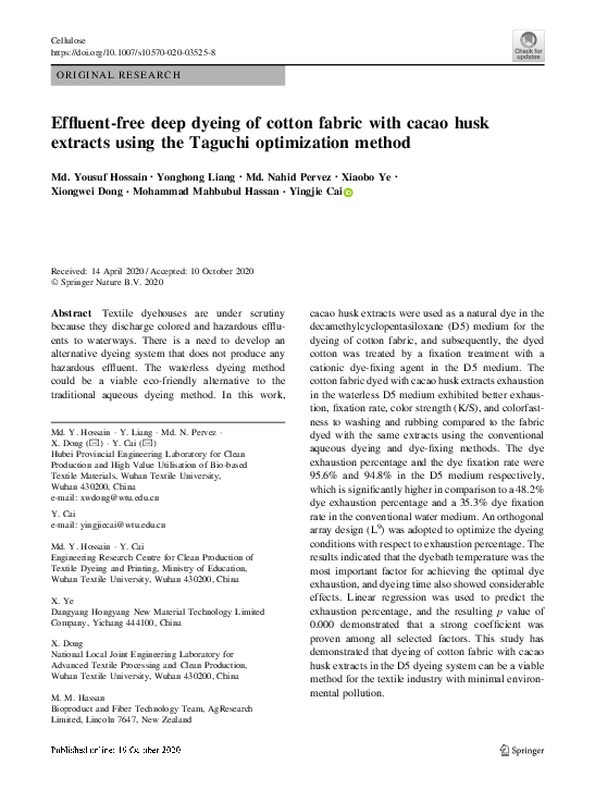 (PDF) Effluent-free deep dyeing of cotton fabric with cacao husk extracts using the Taguchi ...