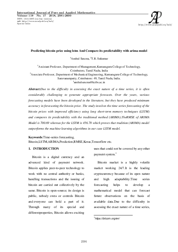 Pdf Predicting Bitcoin Price Using Lstm And Compare Its