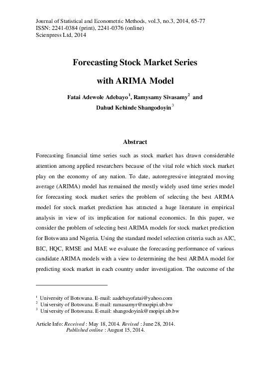 Pdf Forecasting Stock Market Series With Arima Model R Sivasamy