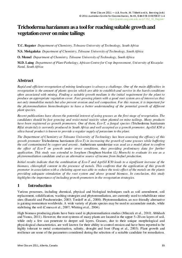 (PDF) Trichoderma harzianum as a tool for reaching suitable growth and vegetation cover on mine ...