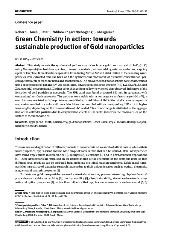 (PDF) Green Chemistry in action: towards sustainable production of Gold nanoparticles