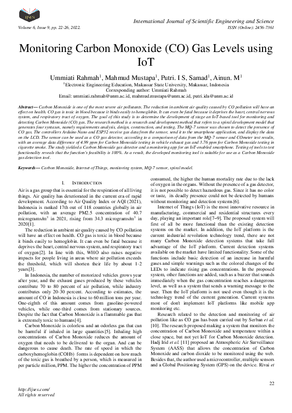 (PDF) Monitoring Carbon Monoxide (CO) Gas Levels using IoT