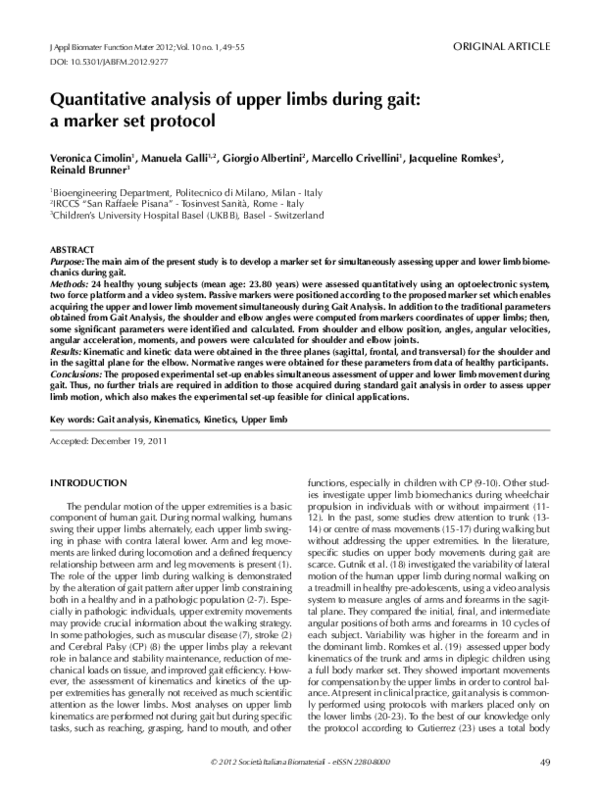 (PDF) Quantitative analysis of upper limbs during gait: a marker set ...