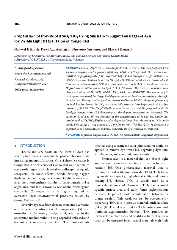 (PDF) Preparation of Iron-Doped SiO2/TiO2 Using Silica from Sugarcane Bagasse Ash for Visible ...
