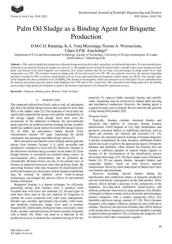 (PDF) Palm Oil Sludge as a Binding Agent for Briquette Production