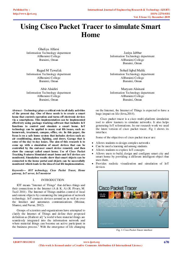 (PDF) Using Cisco Packet Tracer to simulate Smart Home