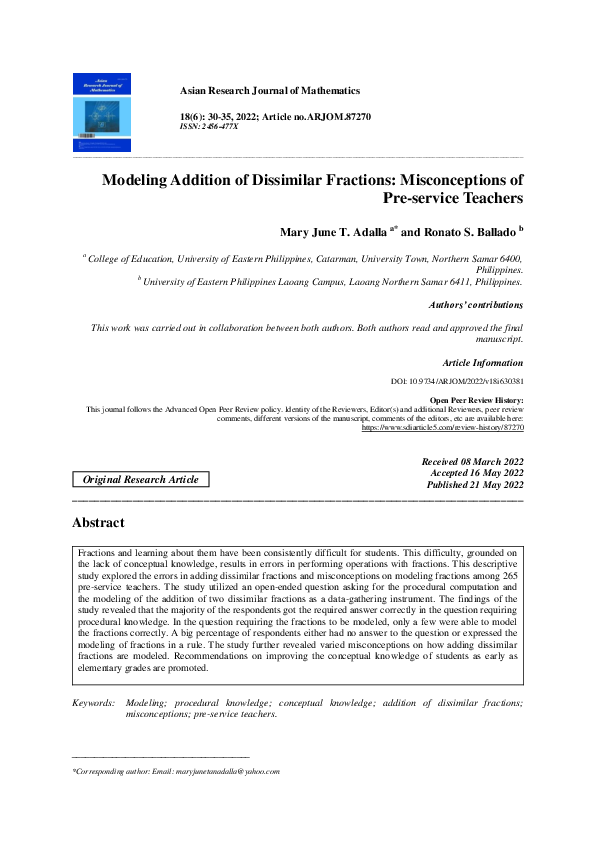 (PDF) Modeling Addition of Dissimilar Fractions: Misconceptions of Pre-service Teachers