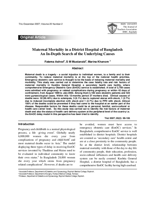 (PDF) Maternal Mortality in a District Hospital of Bangladesh An In ...