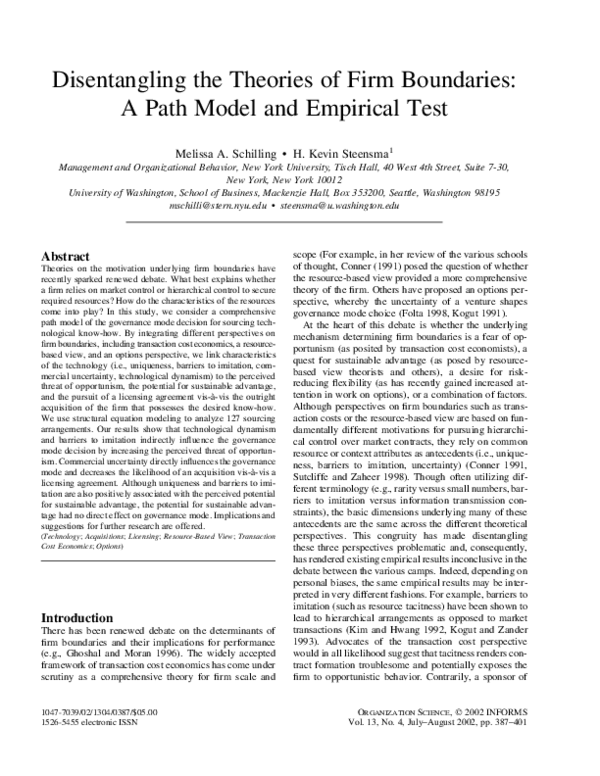 (PDF) Disentangling the Theories of Firm Boundaries: A Path Model and ...
