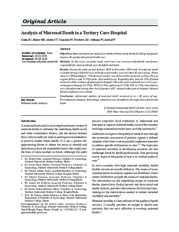 (PDF) Analysis of Maternal Death in a Tertiary Care Hospital