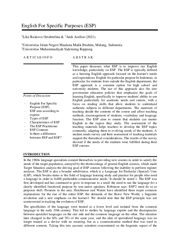 (PDF) English For Specific Purposes (ESP)