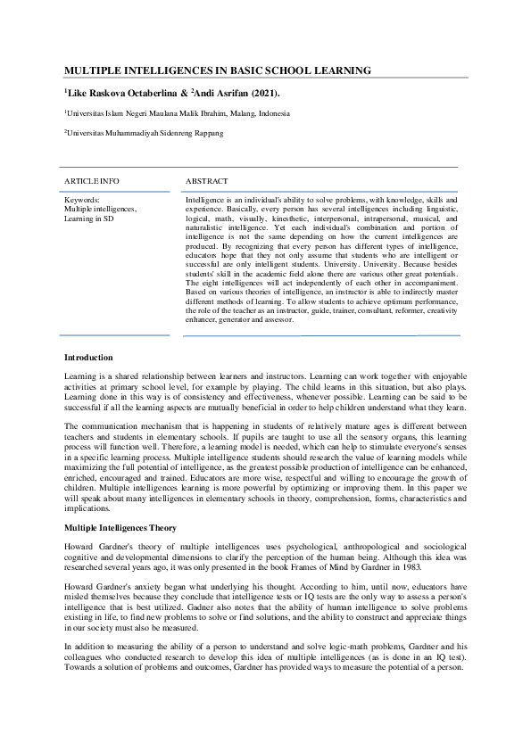 (PDF) Multiple Intelligences in Basic School Learning