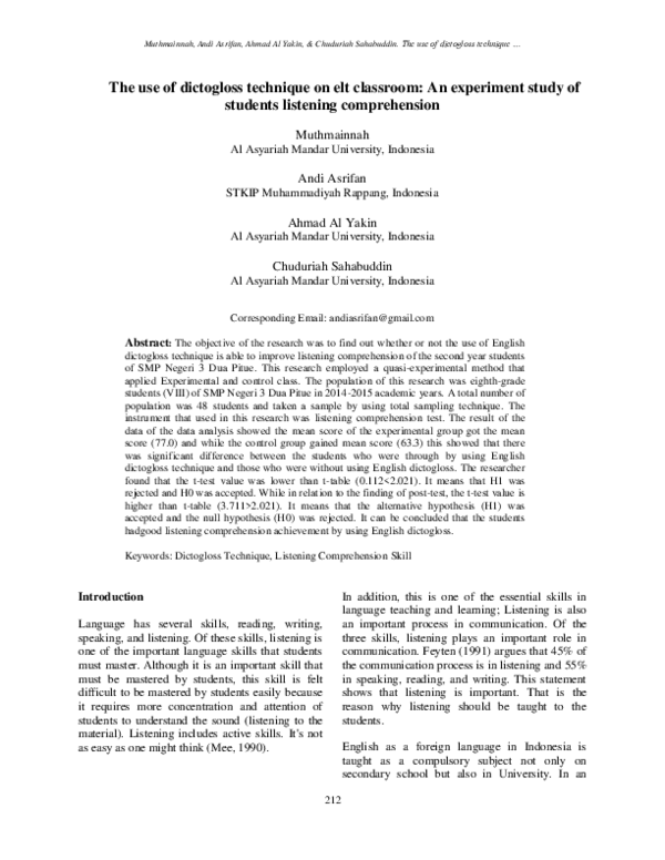 (PDF) The use of dictogloss technique on ELT classroom: An experiment ...