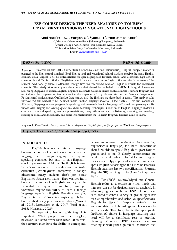 (PDF) Esp Course Design: The Need Analysis on Tourism Department in ...