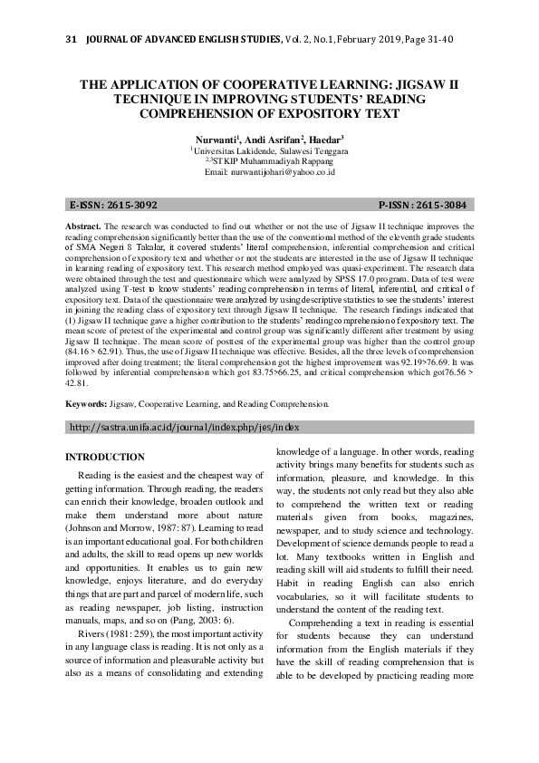 (PDF) The Application of Cooperative Learning: Jigsaw II Technique in Improving Students ...