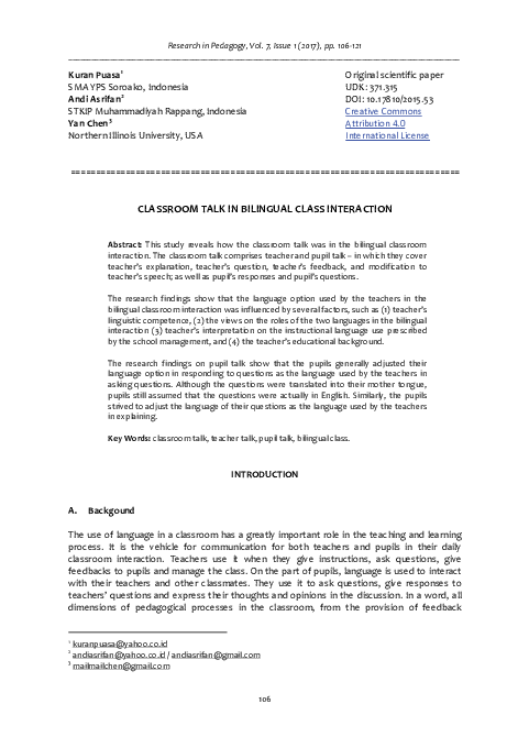 (PDF) Classroom Talk in Bilingual Class Interaction