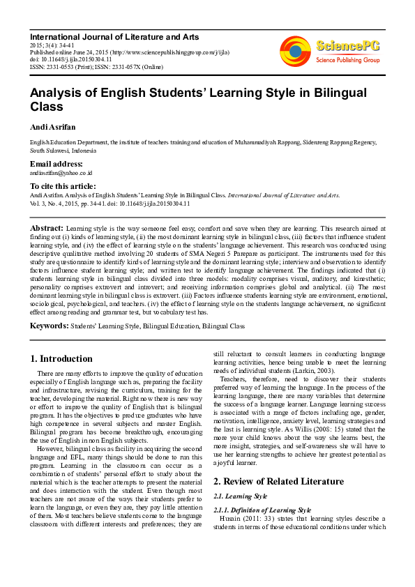 (PDF) Analysis of English Students’ Learning Style in Bilingual Class