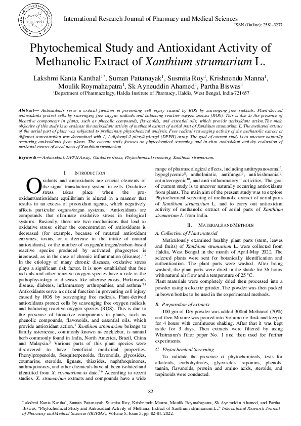 (PDF) Phytochemical Study and Antioxidant Activity of Methanolic Extract of Xanthium strumarium L