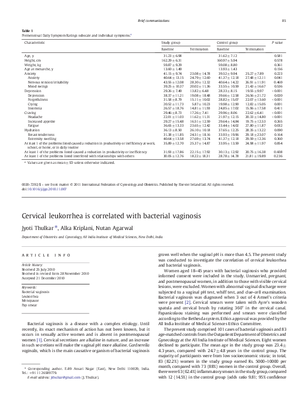 (PDF) Cervical leukorrhea is correlated with bacterial vaginosis
