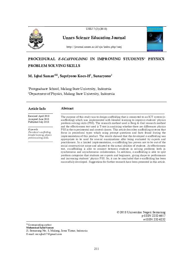 (PDF) Procedural E-Scaffolding in Improving Students’ Physics Problem Solving Skills