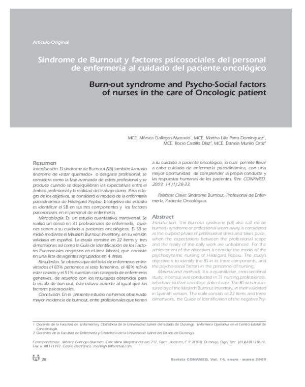 (PDF) Síndrome de Burnout y factores psicosociales del personal de enfermería al cuidado del ...