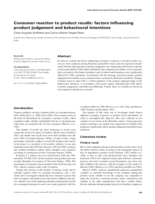 (PDF) Consumer reaction to product recalls: factors influencing product ...