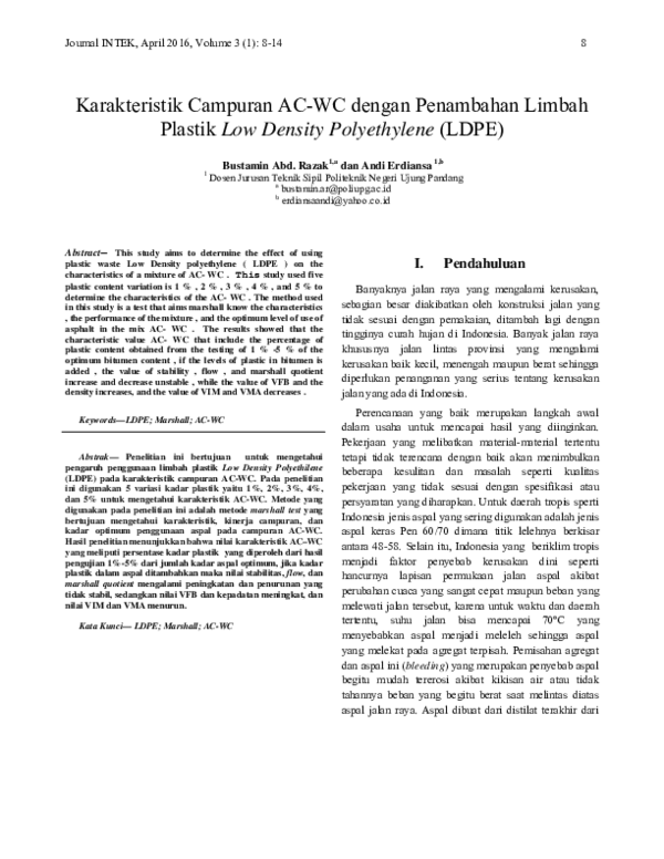 (PDF) Karakteristik Campuran AC-WC dengan Penambahan Limbah Plastik Low Density Polyethylene (LDPE)