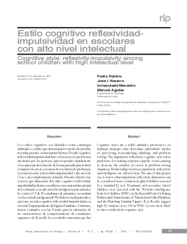 (PDF) Estilo cognitivo reflexividad-impulsividad en escolares con alto ...