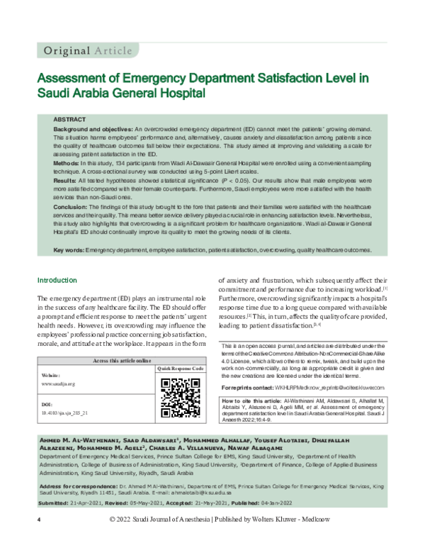 (PDF) Assessment of Emergency Department Satisfaction Level in Saudi ...
