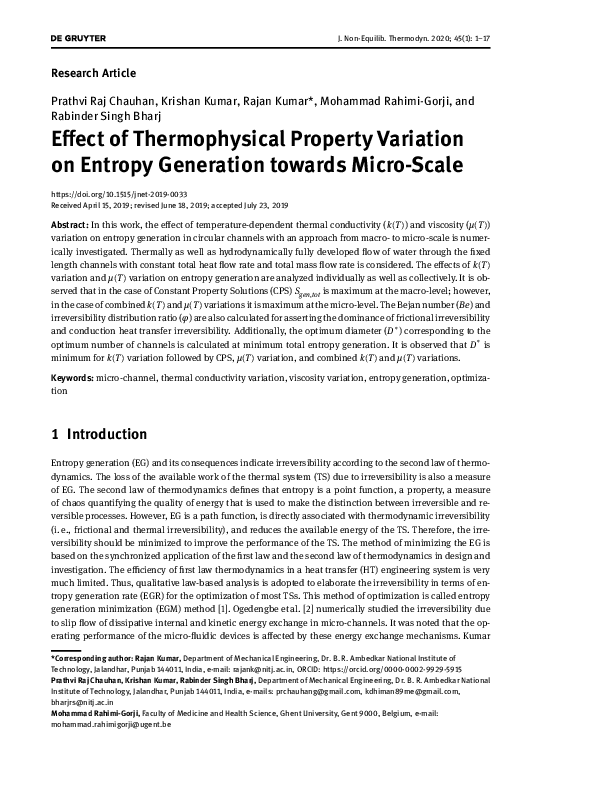 (PDF) Effect of Thermophysical Property Variation on Entropy Generation towards Micro-Scale ...