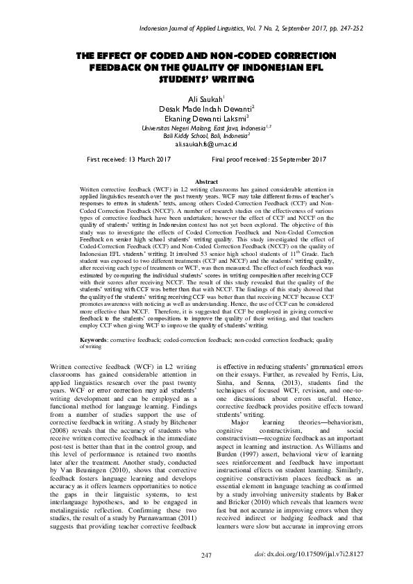 (PDF) The Effect of Coded and Non-Coded Correction Feedback on the ...