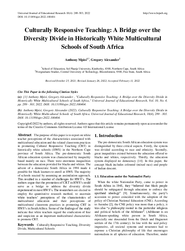 (PDF) Culturally Responsive Teaching: A Bridge over the Diversity ...